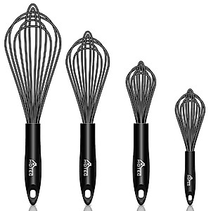 HOTEC 4 Pieces Silicone Whisks Set, Wire Balloon Whisks Egg Beater, Non-slip Handle Whisk for Non-stick Cookware Perfect for Cooking, Stirring, Beating and Blending (Black)