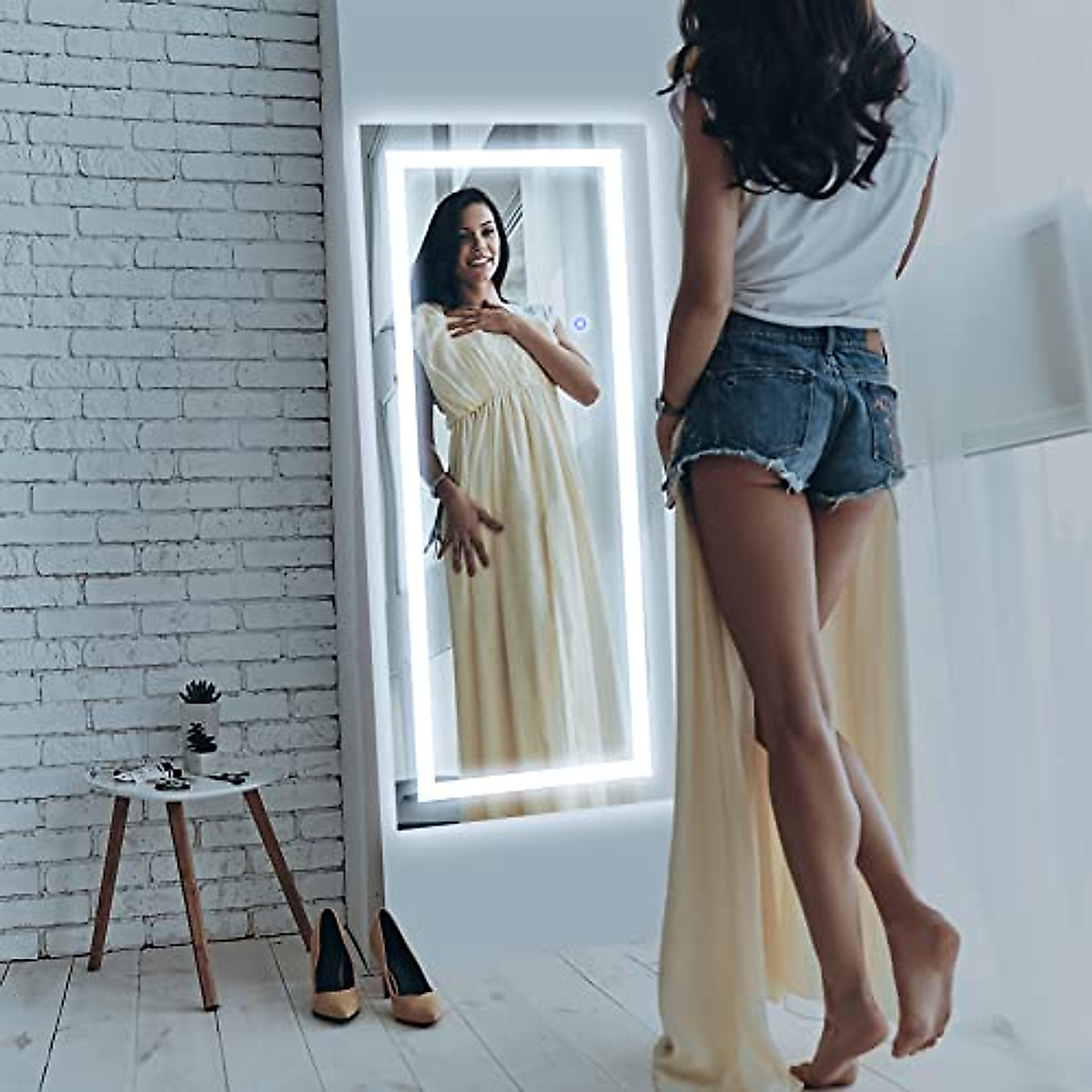 QiMH Vertical 47x22 Inch Wall Mounted LED Lighted Vanity Mirror with Aluminum Frame Backlit, 3 Colors Dimmable Light, Bedroom and Bathroom Hanging Rectangle Whole Body Mirror