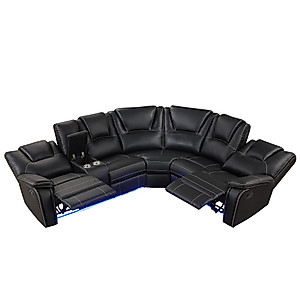 Yoglad Sectional Sofa with Recliner Manual Reclining Sectional Sofa with LED Lights Faux Leather Couch with Center Console/Cup Holders for Living Room, Home Theater, Black 102.4" Dx 97.6" W