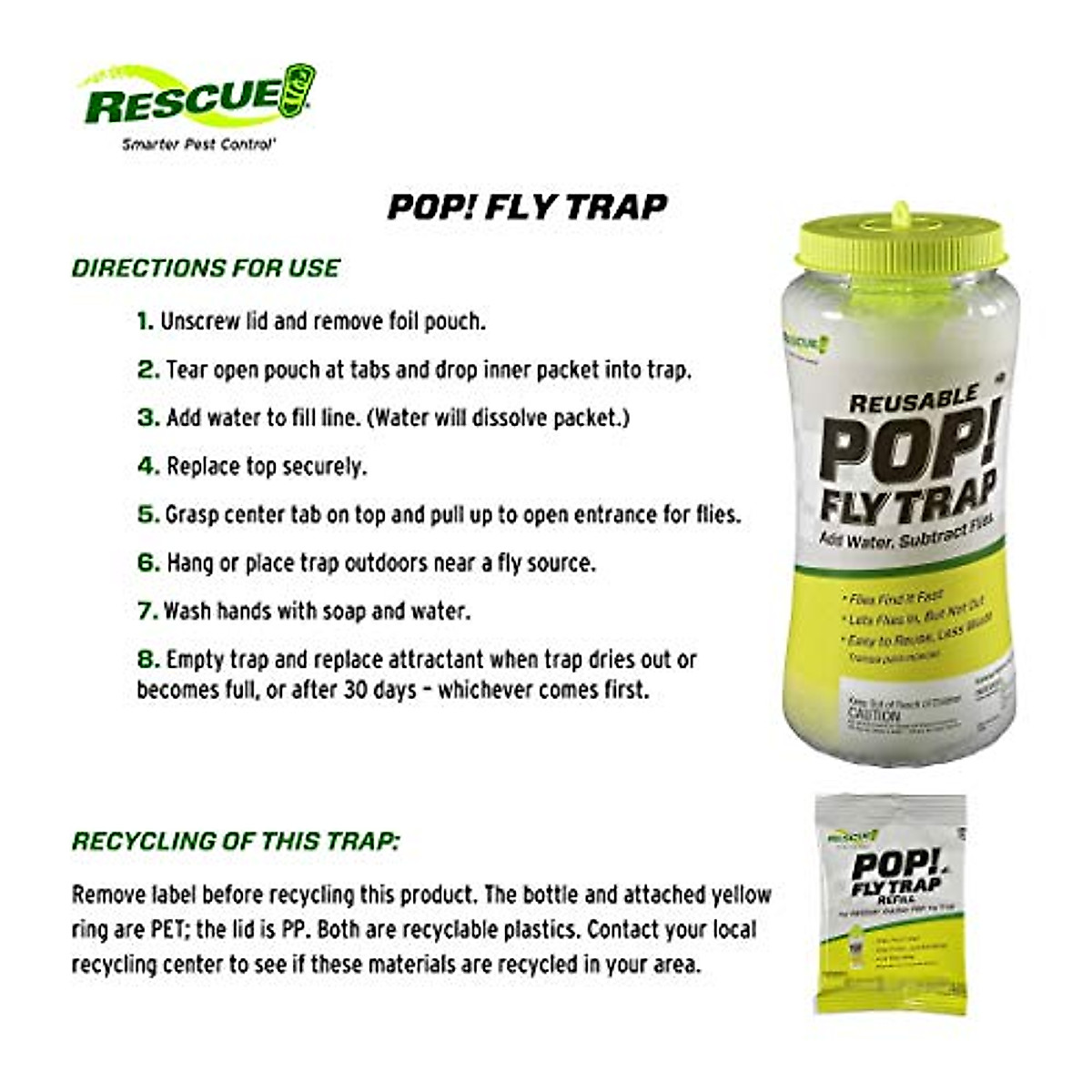 RESCUE! POP! Reusable Fly Trap with Fast-Acting Water-Soluble Attractant for Home & Agricultural Settings, Durable Recyclable Plastic (Pack of 4)