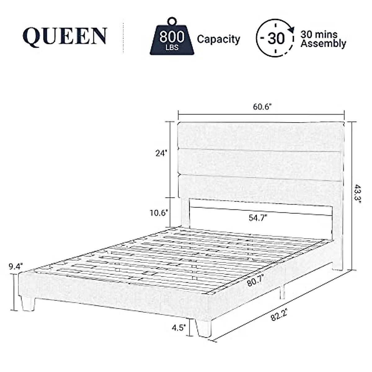 Allewie Queen Size Platform Bed Frame with Fabric Upholstered Headboard and Wooden Slats Support, Fully Upholstered Mattress Foundation/No Box Spring Needed/Easy Assembly, Dark Grey