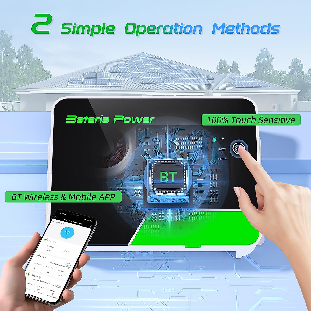 40A MPPT Solar Charge Controller 48V/36V/24V/12V, Bateria Power Max PV 2400W 150Voc Built-in BT Module with Remote APP Control for LiFePO4, SLD, AGM, FLD, Gel Battery, Negative Ground (SunRock 40S)