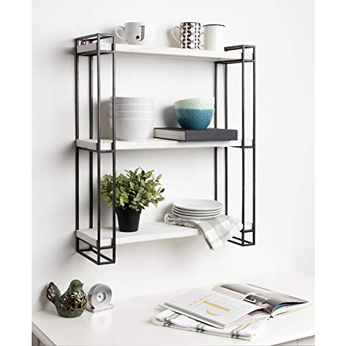 Kate and Laurel Lintz Modern Industrial Wood and Metal Floating Wall Shelves with Black Metal Frame, Rustic White
