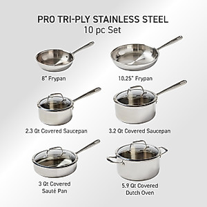 T-fal Pro Tri-Ply Stainless Steel Cookware Set 10 Piece, Induction Compatible Oven Safe 500F, Lids 350F, Fast & Even Heat, Professional Quality & Durability, Pots and Pans Set, Dishwasher Safe, Silver