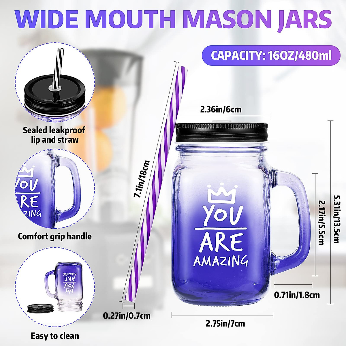 Meanplan Employee Appreciation Gift Bulk 16 oz Thank You Glass Cup with Handles Lids and Straws Mason Jar Mugs for Students Teacher Graduation Coworker Staff Nurse Work Team(Multicolor, 10 Pcs)