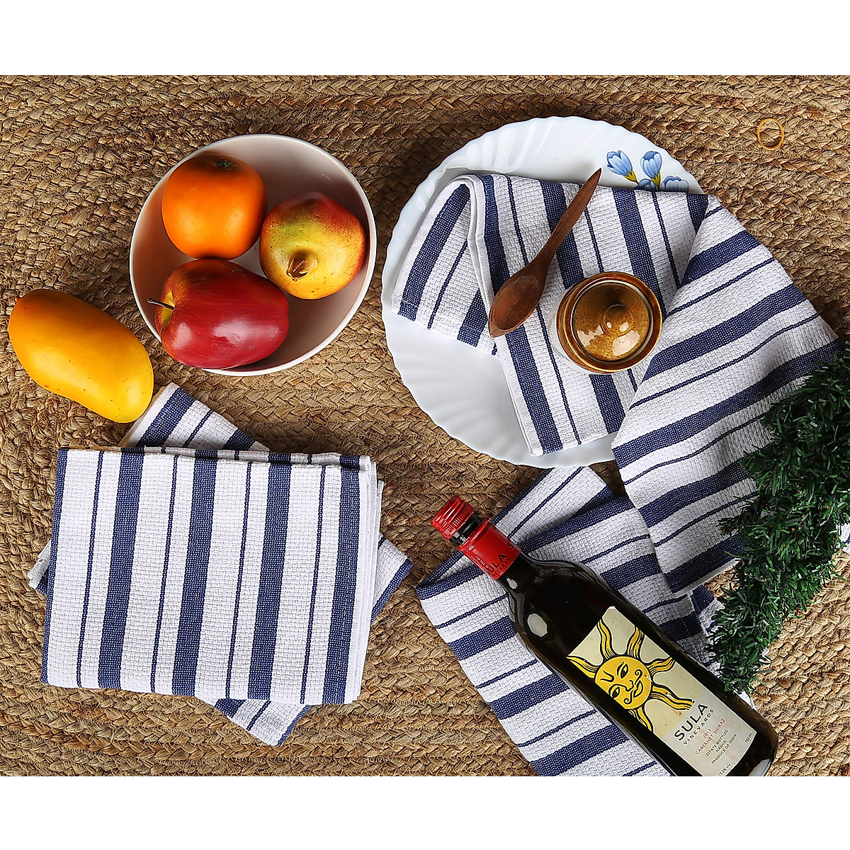 RAJRANG Dish Drying Kitchen Towels with Hanging Loops - 18 x 28 Inches Washable Ultra Absorbent and Quick-Dry Cloths for Everyday Cleaning - Set of 4 - Navy and White