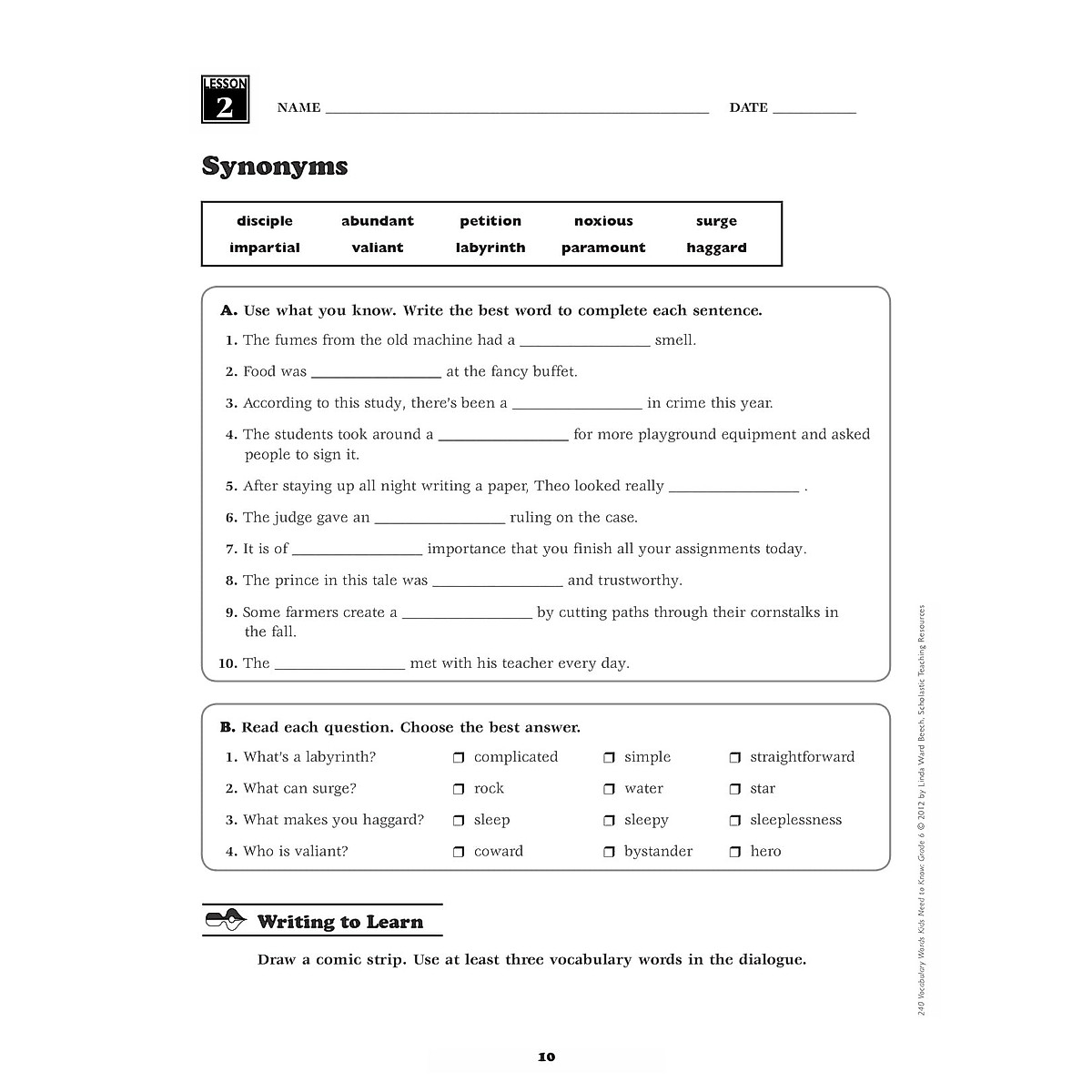 240 Vocabulary Words Kids Need to Know: Grade 6: 24 Ready-To-Reproduce Packets Inside!