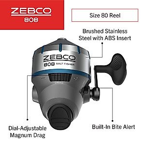 Zebco 808 Saltwater Spincast Fishing Reel, Stainless Steel Reel Cover with ABS Insert, Quickset Anti-Reverse and Bite Alert, Pre-spooled with 20-Pound Cajun Fishing Line, Clam Pack, Silver