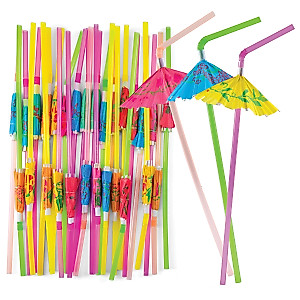 Prextex Umbrella Drinking Straws 200pcs - Flexible Straw, Bendable/Bendy Straws, Colored Long Plastic Straws, Disposable Plastic Straws, Colored Straws, Cocktail Straws, Umbrella Straws, Tumbler Straw