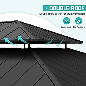 EAGLE PEAK 13x15 Hardtop Gazebo, Galvanized Steel Double Roof Gazebo with Cedar Wood Frame, Outdoor Pavilion for Patio, Deck, Lawn and Garden, Natural Wood/Black