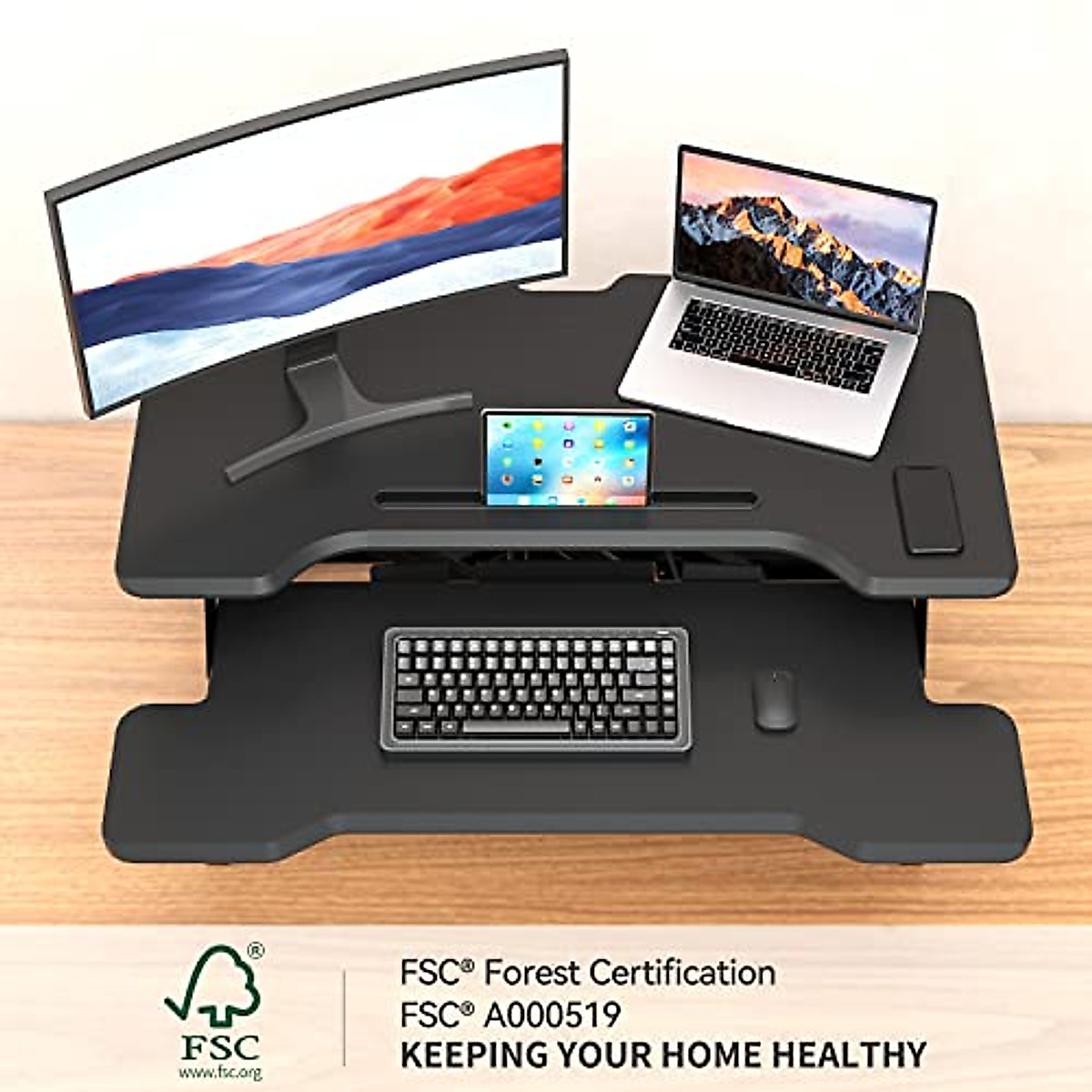 Joy Seeker Standing Desk Converter 30 Inches Stand up Desk Riser, Height Adjustable Dual Tier Sit Stand Tabletop Monitor Riser Workstation for Home Office with Deep Keyboard Tray for Laptop