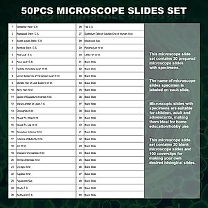 50 Microscope Slides and 100 Covers Set - 30 Prepared Microscope Slides with Specimens, 20 Blank Microscope Slides and 100 Microscope Coverslips - Microscope Slides for Kids Students Homeschool Use