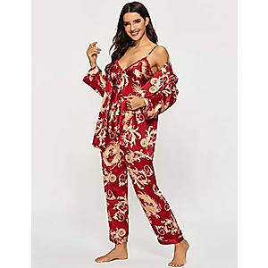Escalier Women's Silk Satin Pajamas Set 3 Pcs Floral Silky Pj Sets Sleepwear Cami Nightwear with Robe and Pants Wine M