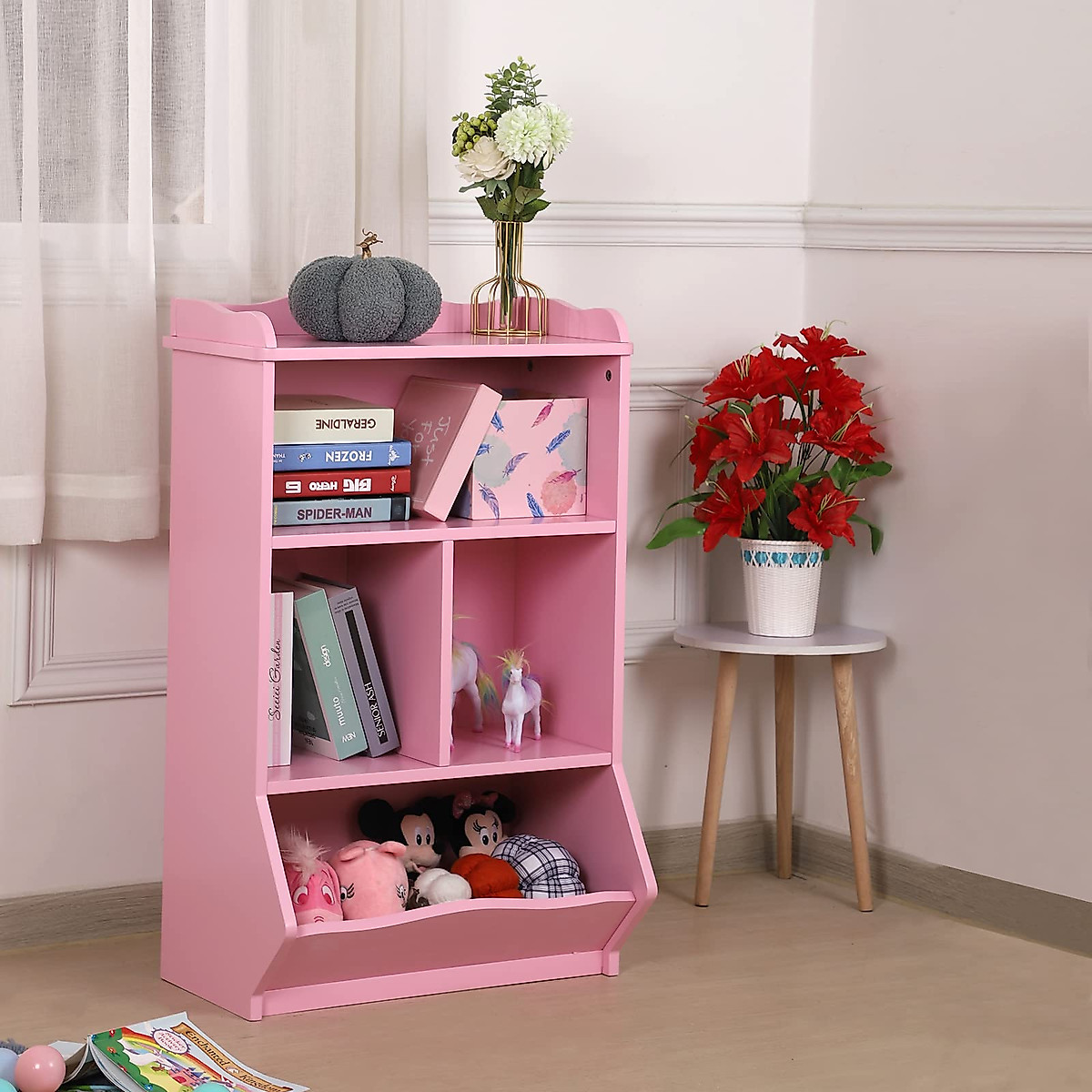 AFBKSS&BB Children Book Shelf, Kids Wood Shelf, Children Multi-Functional Bookcase, Wood Storage Cabinet and Toy Storage Bin (Pink)