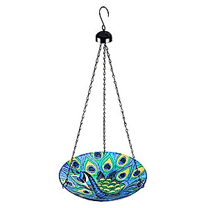 VCUTEKA Bird Bath Hanging for Outdoor Glass Small Bird Feeder Bowl Garden Decoration 11 Inch Peacock (Peacock)