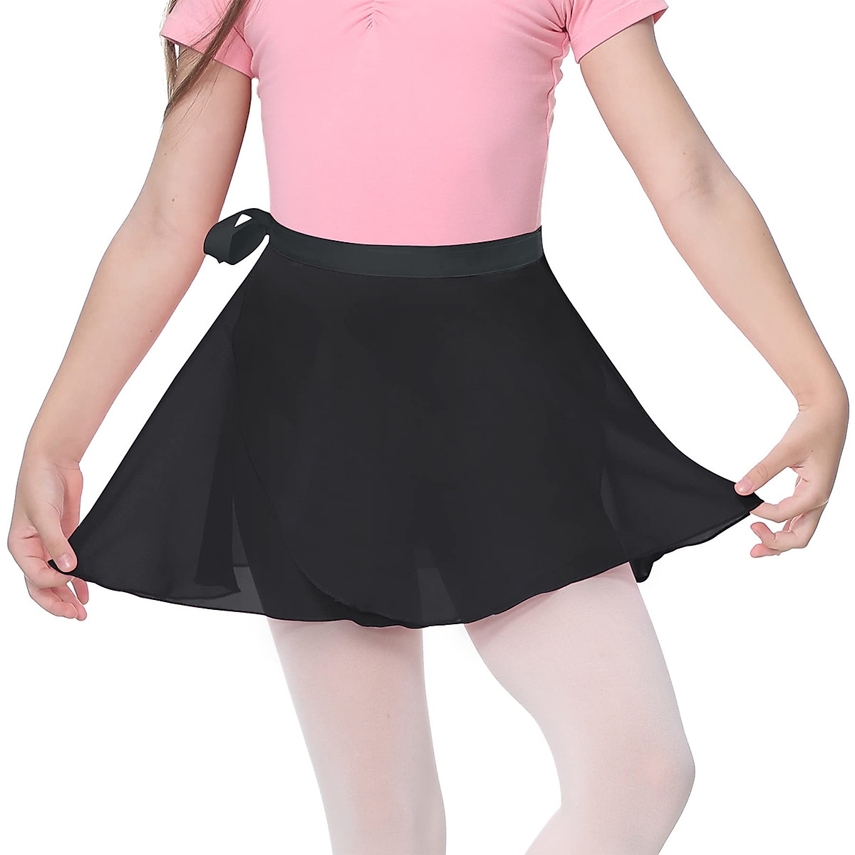 Zando Chiffon Ballet Wrap Skirt for Girls Training Dance Outfit Toddler Ballerina Clothes Dance Skirt for Kids Flowy Short Skirt with Adjustable Band Dance Wear Skirts Z Black & White 7-9 Years