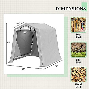 Devoko Storage Shed 6 x 6 x 7 FT Outdoor Portable Storage Bike Shed Waterproof Carport with Roll-up Zipper Door and Ventilated Windows for Bike, Motorcycle, and Gardening Tools (Grey)