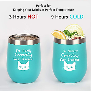 Qtencas Cat I'm Silently Correcting Grammar Wine Tumbler, Christmas Birthday Gifts for English Teachers, Grammar Police, Cat Lovers, Women, Funny Insulated Stainless Steel Tumbler (12Oz, Mint)