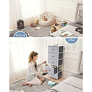 Crestlive Products Vertical Dresser Storage Tower - Sturdy Steel Frame, Wood Top, Easy Pull Fabric Bins, Wood Handles - Organizer Unit for Bedroom, Hallway, Entryway, Closets - 5 Drawers (Light Gray)