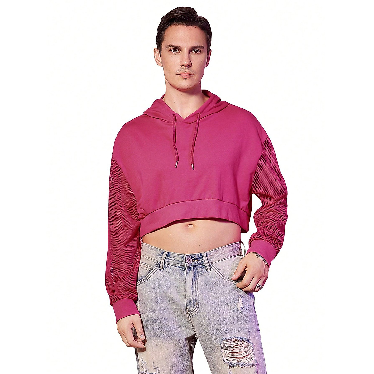 WDIRARA Men's Drawstring Mesh Long Sleeve Hoodie Sweatshirt Pullover Crop Top Hot Pink S