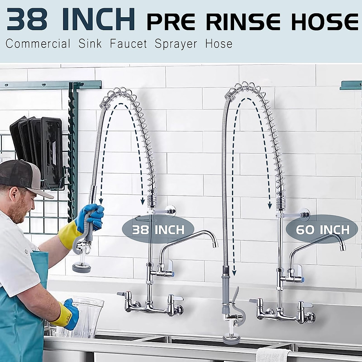Spray Valve with 38” Commercial Sink Sprayer Hose and Pre Rinse Hose Spring, Pre Rinse Sprayer with Flexible Stainless Steel Hose & Spring Assembly for Commercial Kitchen Faucets (Grey)