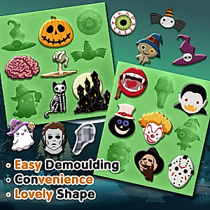 Whaline 2Pcs Halloween Theme Fondant Molds Halloween Spider Pumpkin Eyeball Clown Vampire Pattern Silicone Candy Moulds for Halloween Party Cupcake Topper Decorating Sugar craft Gum Paste Resin Clay