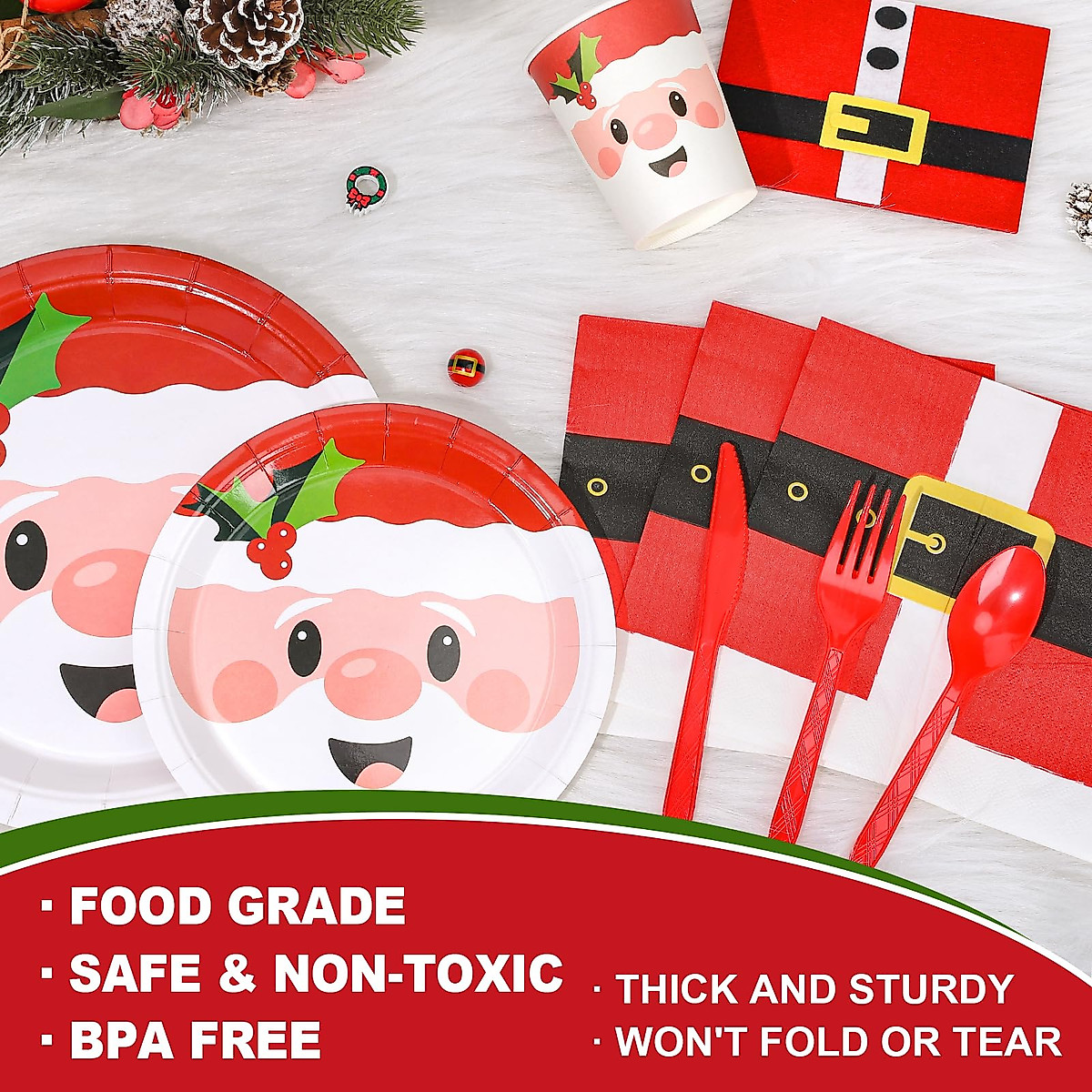 Whaline 175Pcs Christmas Party Tableware Set 7 and 9 Inch Santa Claus Paper Plates 6.5 Inch Santa Belts Napkins Cute Xmas Disposable Cups and Red Fork Spoon Knife Kit for Xmas Holiday Dinner Supplies
