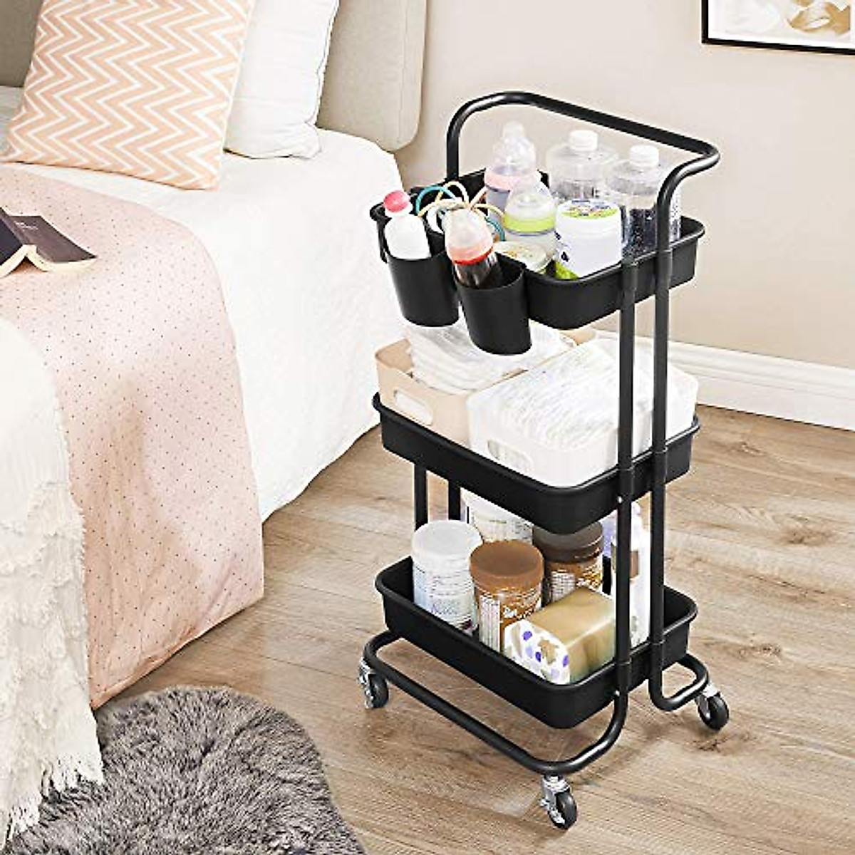 SONGMICS Rolling Cart, 3-Tier Storage Cart, Storage Trolley with Handle 2 Small Organizers, Steel Frame, Plastic Baskets, Utility Cart, Easy Assembly, for Bathroom Laundry Room, Black UBSC067B01