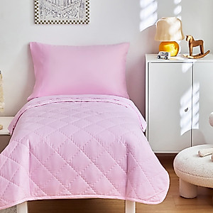 Pink Quilted Toddler Bedding Set 4 Pieces Summer Toddler Bed Quilt Set Includes Toddler Size Bedspread, Flat Sheet, Fitted Sheet and Pillowcase