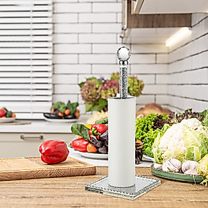 Silver Paper Towel Roll Holder, 13 Inch Square Base Standing Paper Towel Stand with Sparkly Crystal Crushed Diamonds Decor for Kitchen Table or Bathroom