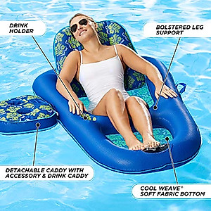 Aqua Campania Ultimate 2-in-1 Pool Float Lounge – Extra Large – Inflatable Pool Floats for Adults with Adjustable Backrest & Cupholder Caddy – Royal/Lime Hibiscus
