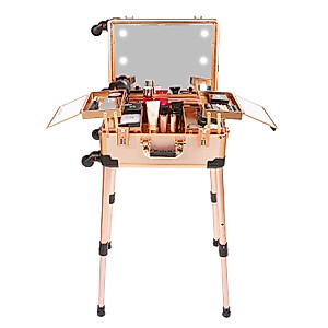 Jula Vance Medium Makeup Train Case with Code Lock, Lighted Mirror, Speaker Travel Cosmetic Organizer Box, Professional Artist Trolley Studio Free Standing Case