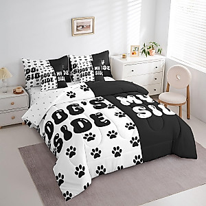 7 Pieces King Size Cute Dog Paws Print Comforter Set,Dog Side My Side Bedding Set for Boys Girls,Kawaii Puppy Animal Pet Rustic (Comforter+Fitted+Flat Sheet+2 Pillowcases+2 Throw Pillow Covers)