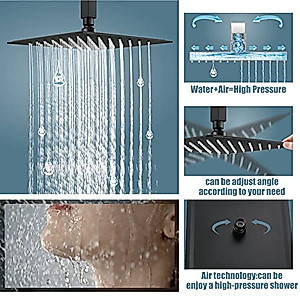 Aolemi Matte Black Shower System Ceiling Mount 12 Inch Rain Shower Head with 3 Functions ABS Handheld Spray Luxury High Pressure Shower Combo Set Rough-in Valve and Shower Trim Included Bathroom