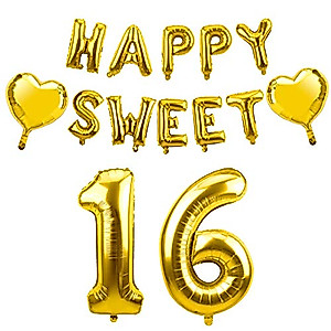Lnlofen Happy Sweet 16 Balloon Banner with 2 Heart Foil - Gold 16th Birthday Party Decorations - Happy Sixteen Party Decorations Supplies