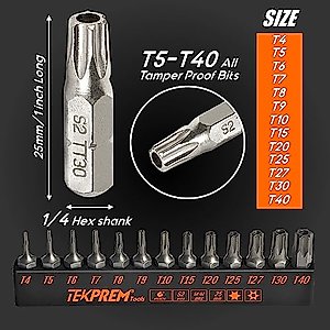 Torx Bit Set, TEKPREM 13-Piece Security Torx Screwdriver Bit Set with 1 inch Long T4 T5 T6 T7 T8 T9 T10 T15 T20 T25 T27 T30 T40 Tamper Resistant Torx Bits Set