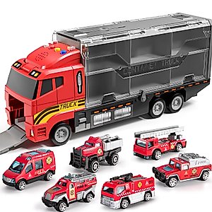 Toddler Toys for 3-9 Years Old Boys Die-cast Emergency Fire Rescue Vehicle Double Side Transport Car Toy Set W/Play Mat, Alloy Metal Fire Truck Gifts for Age 3 4 5 6 Kids Boys Girls Birthday Party