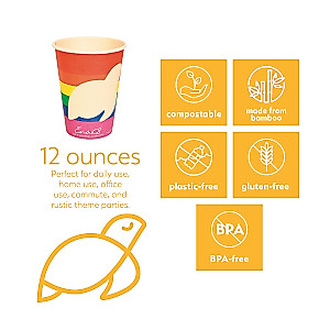 100% Compostable Disposable Coffee Cups with Lids [12oz 80 Pack, Rainbow Pride Edition] Made from Unbleached Bamboo Fiber, Compostable Lids, To Go Coffee Cups with Lids by Earth's Natural Alternative