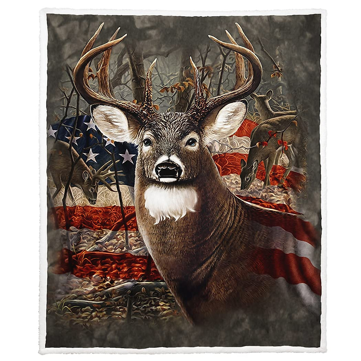 HommomH Deer Sherpa Blanket 50"x 60" American Flag Deer Blankets Super Soft Fuzzy Thick Warm Fleece Throw for Man Bed Couch