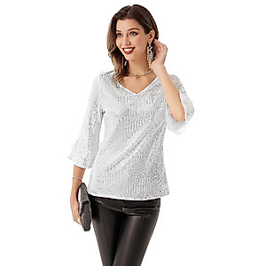 Sequin Tops for Women Sexy Shiny Metallic Sparkly Glitter Party Blouse Silver S