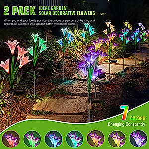 mimigogo Solar Garden Stake Lights,2 Pack Outdoor Waterproof Solar Powered Lights with 8 Lily Flowers, 7 Colors Changing LED Solar Lights for Garden, Patio, Backyard(Purple and White)