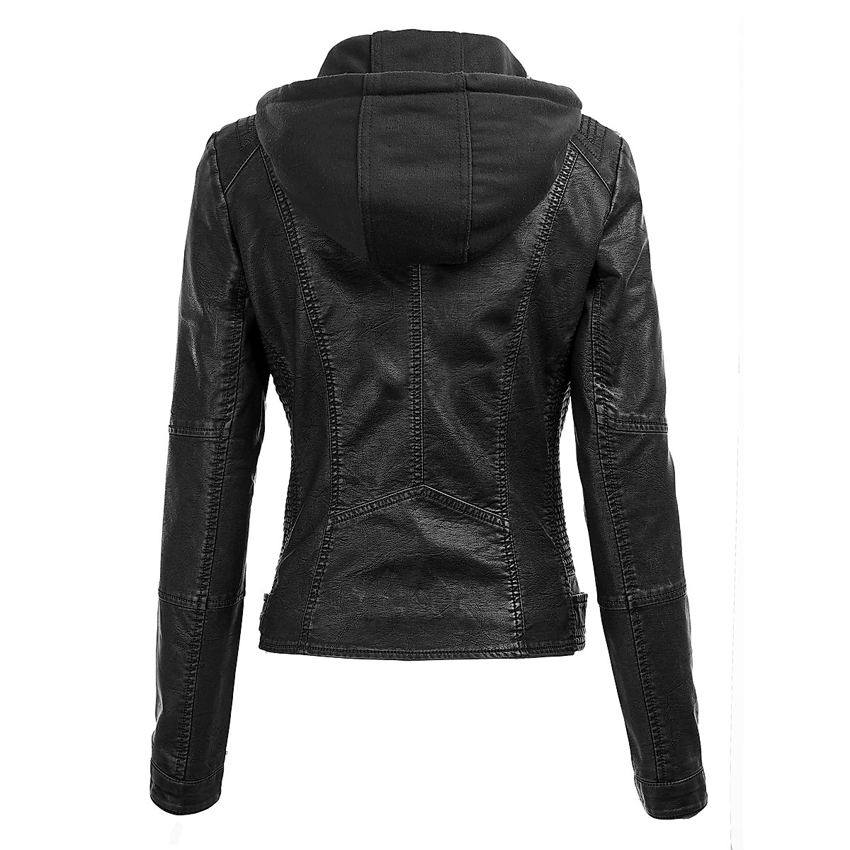 Made By Johnny MBJ WJC1044 Womens Faux Leather Quilted Motorcycle Jacket with Hoodie L BLACK