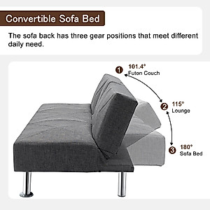 VECELO Modern Convertible Folding Futon Sofa Bed with Removable Armrests, Breathable Linen Recliner Couch for Living Room/Apartment Lounge, 2 Cup Holders, Drak Grey