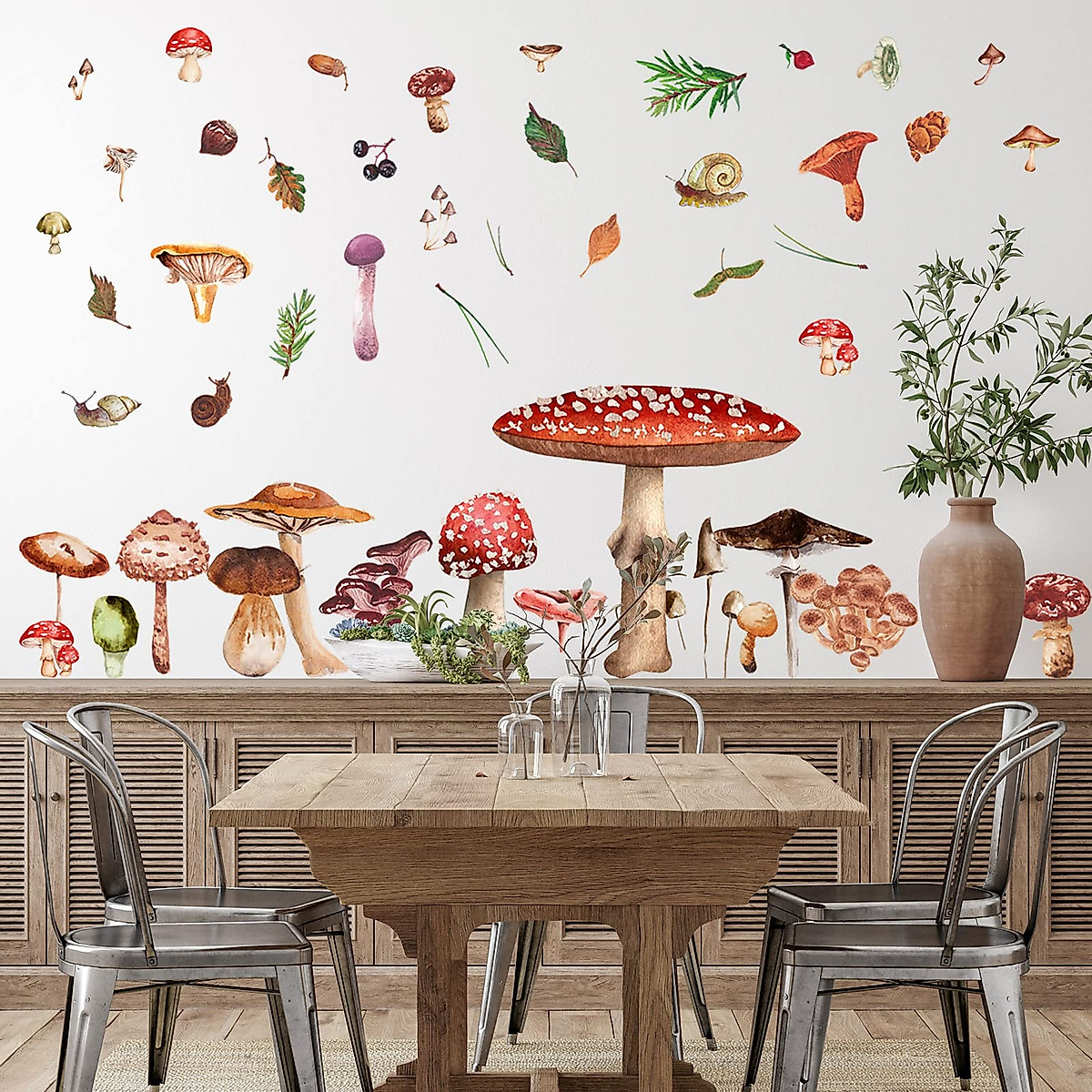Glenmal 72 Pcs Watercolor Mushroom Wall Decals Giant Mushroom Decal Walls Peel and Stick Removable Mushroom Wall Decor Wallpaper Vinyl Wall Sticker for Bedroom Furniture(Retro Style)