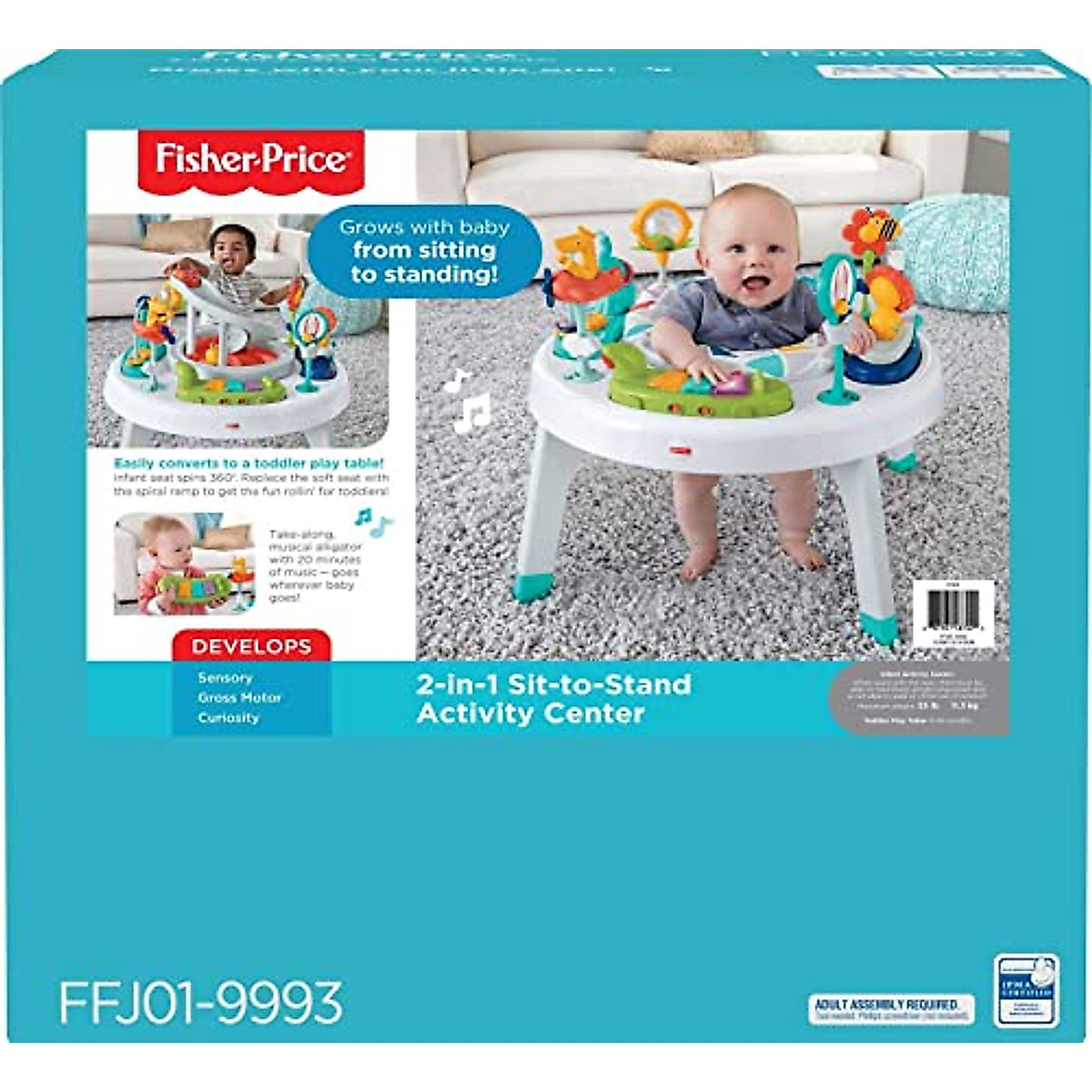 Fisher-Price Baby to Toddler Toy 2-In-1 Sit-To-Stand Activity Center with Music Lights and Spiral Ramp, Spin ‘N Play Safari