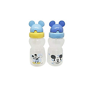 Disney Cudlie Mickey Mouse Baby Boy 2 Pack of 11 Oz Sippers Pop Up Straw Character Molded Lid with Here I Am Print