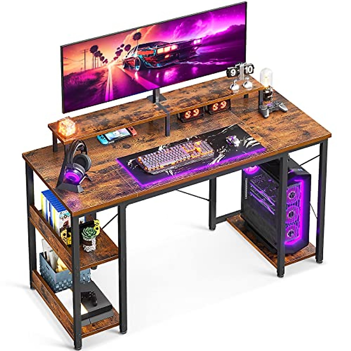 ODK 48 inch Computer Desk with Monitor Shelf and Storage Shelves, Writing Desk, Study Table with CPU Stand & Reversible Shelves, Vintage