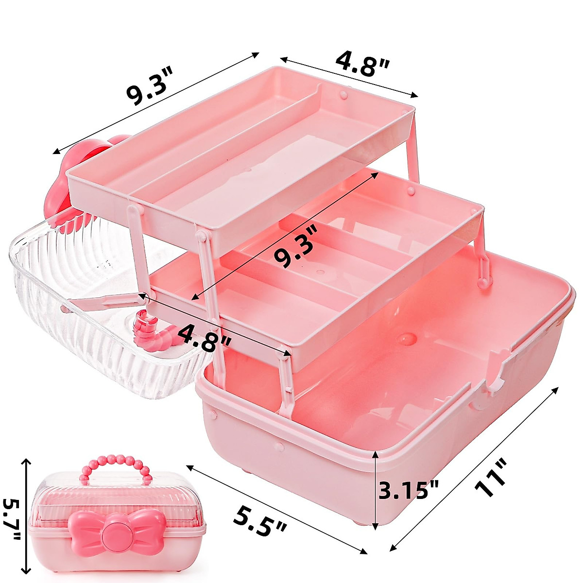Noamus 11" Three-Layer Multipurpose Storage Box, Clear Plastic Art Craft Organizer, Portable First Aids Case with Handle Trays for Kids, Sewing Makeup Nail Hair Accessories, Home School Office(Pink)