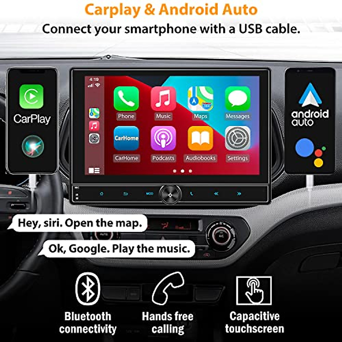 Trumsey Adjustable and Detachable 10.5" HD IPS Large Screen Single Din Car Stereo, CarPlay, Android Auto, Bluetooth Audio, Steering Wheel, Subw, Mirror Link, FM/AM Car Radio, Rear Camera, USB/SD/AUX