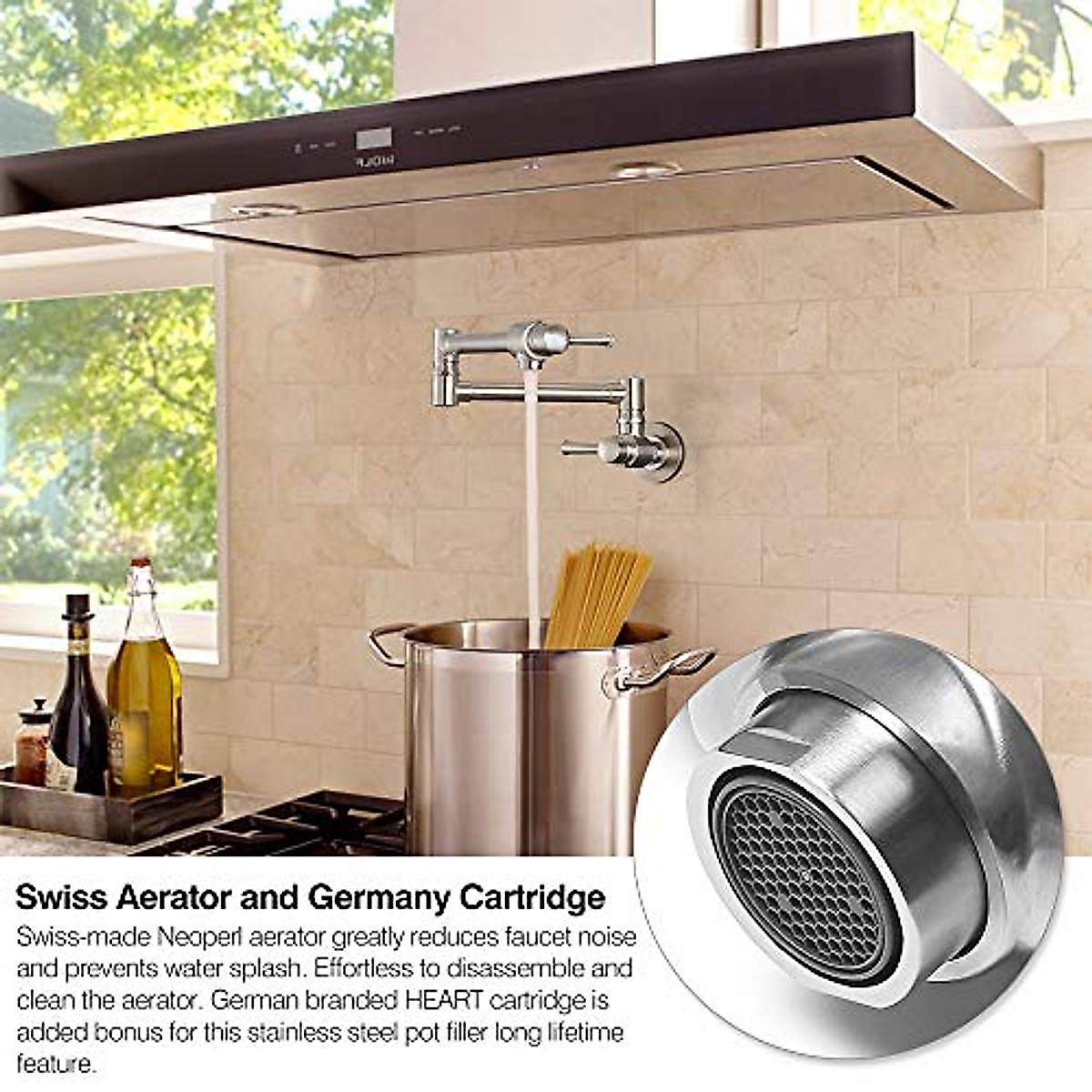 JZBRAIN Pot Filler Faucet Wall Mount Stainless Steel Commercial Pot Filler 5.5 GPM Heavy Duty Style with Folding Stretchable Double Joints 2 Handles